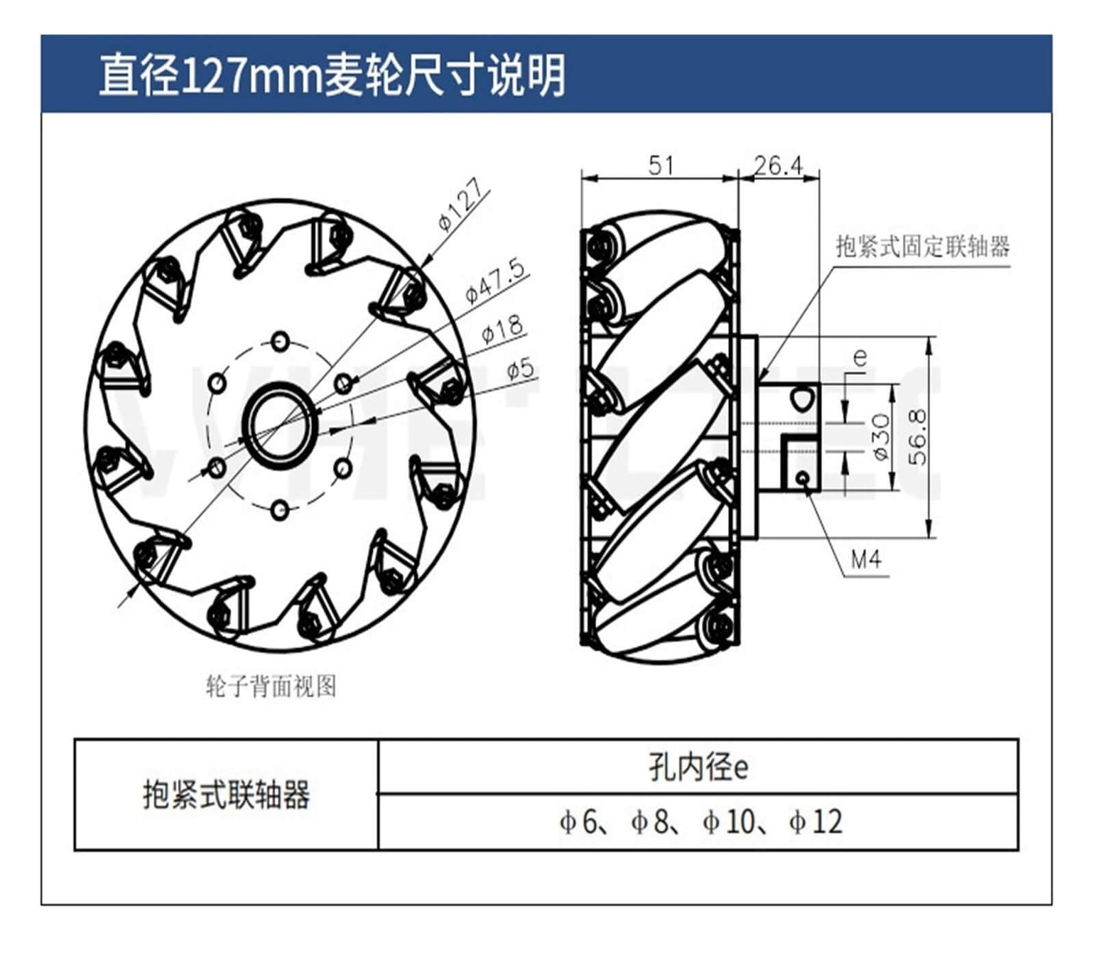Set of 4 Mecanum Wheel, 60kg Load, Diameter 127mm Moun...